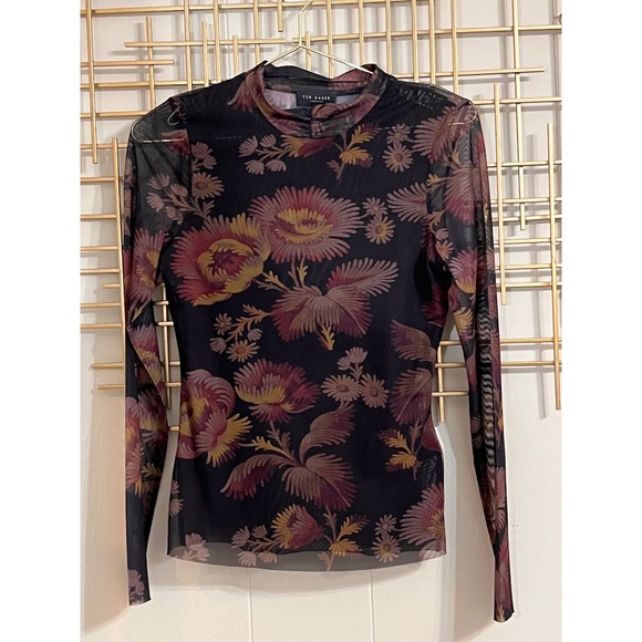Ted Baker London | Tops | Ted Baker London Floral Sheer Mock Neck Long ...